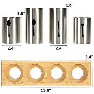 ZOOFOX 4 Pack Silverware Holder, Stainless Steel Utensil Organizer with Bamboo Base for Forks, Knives and Spoons, Perfect for Kitchen Table, Cabinet, Pantry ( Nature )