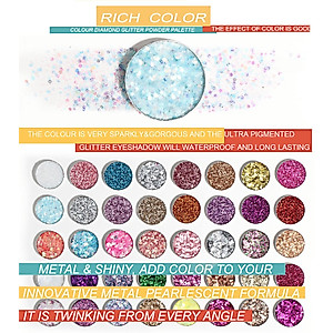 SUMEITANG 40 Colors Pressed Chunky Glitter Eyeshadow Palette, Self Adhesive Glue Gel Glitter Highly Pigmented Colourful Shimmer Glitter Eye Shadow Pallet For Women Girls Long Lasting Sparkle Makeup