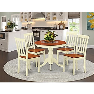 East West Furniture DLAN5-BMK-W 5 Piece Kitchen Table & Chairs Set Includes a Round Dining Room Table with Dropleaf and 4 Solid Wood Seat Chairs, 42x42 Inch, Buttermilk & Cherry