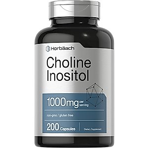 Horbaach Choline Inositol 1000mg Supplement | 200 Capsules | Non-GMO, Gluten Free