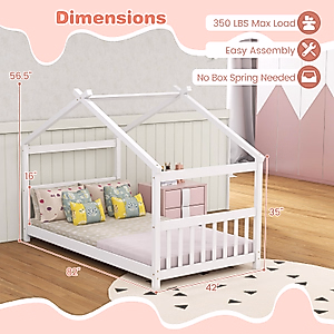 KOMFOTT Twin Wood House Bed for Kids, Low Profile Floor Bed Frame with Roof, Headboard & Footboard, Tent Bed for Toddlers, Boys & Girls, Wood Montessori Bed, No Box Spring Needed (White)
