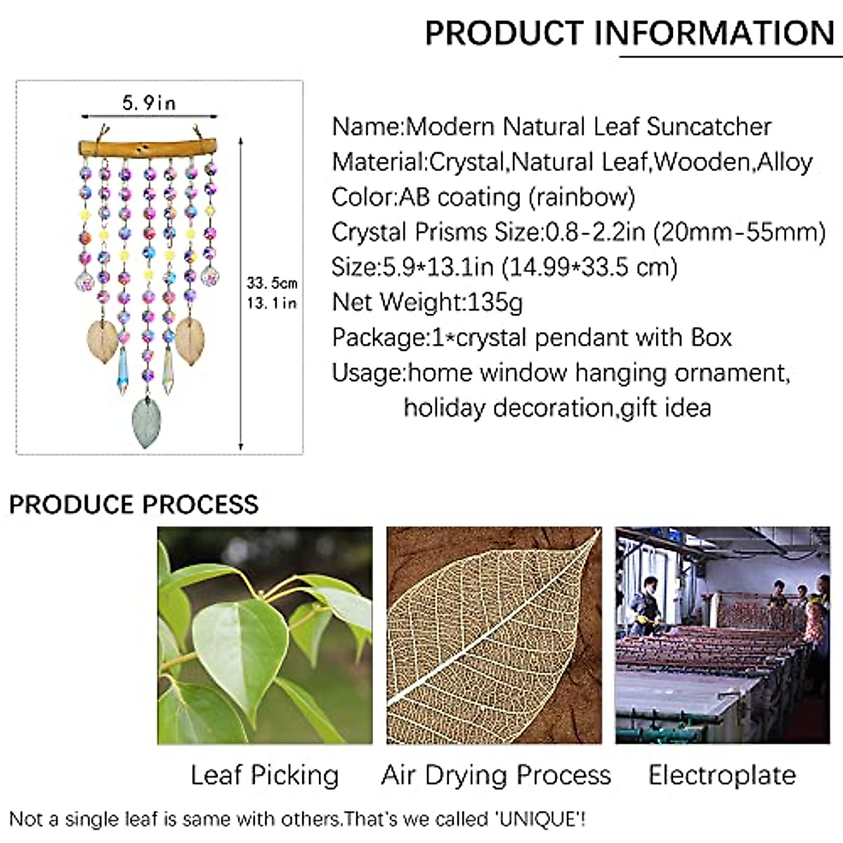 Hanging Window Suncatcher Rainbow Maker Glass Crystal Mobile Wind Chimes with AB Prisms & Natural Leaf Drops Home Wall Art Decoration Gift