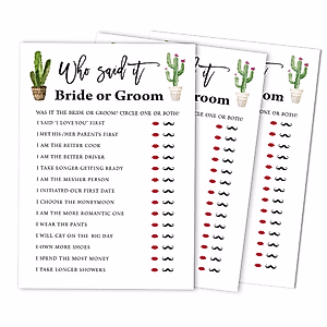 Inkdotpot Cactus Taco'bout Love 50-Pack He Said She Said Cards for Couples Funny Rehearsal Dinner Who Said it Question Bridal Shower Engagement Party Game Ideas