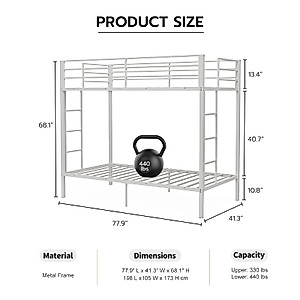 IKIFLY Metal Twin Over Twin Bunk Bed, Heavy Duty Twin Bunk Bed Frame with 2 Built-in Ladders, Safety Guard Rail, Space-Saving Design, for Kids, Teens, Adults - No Box Spring Needed - White