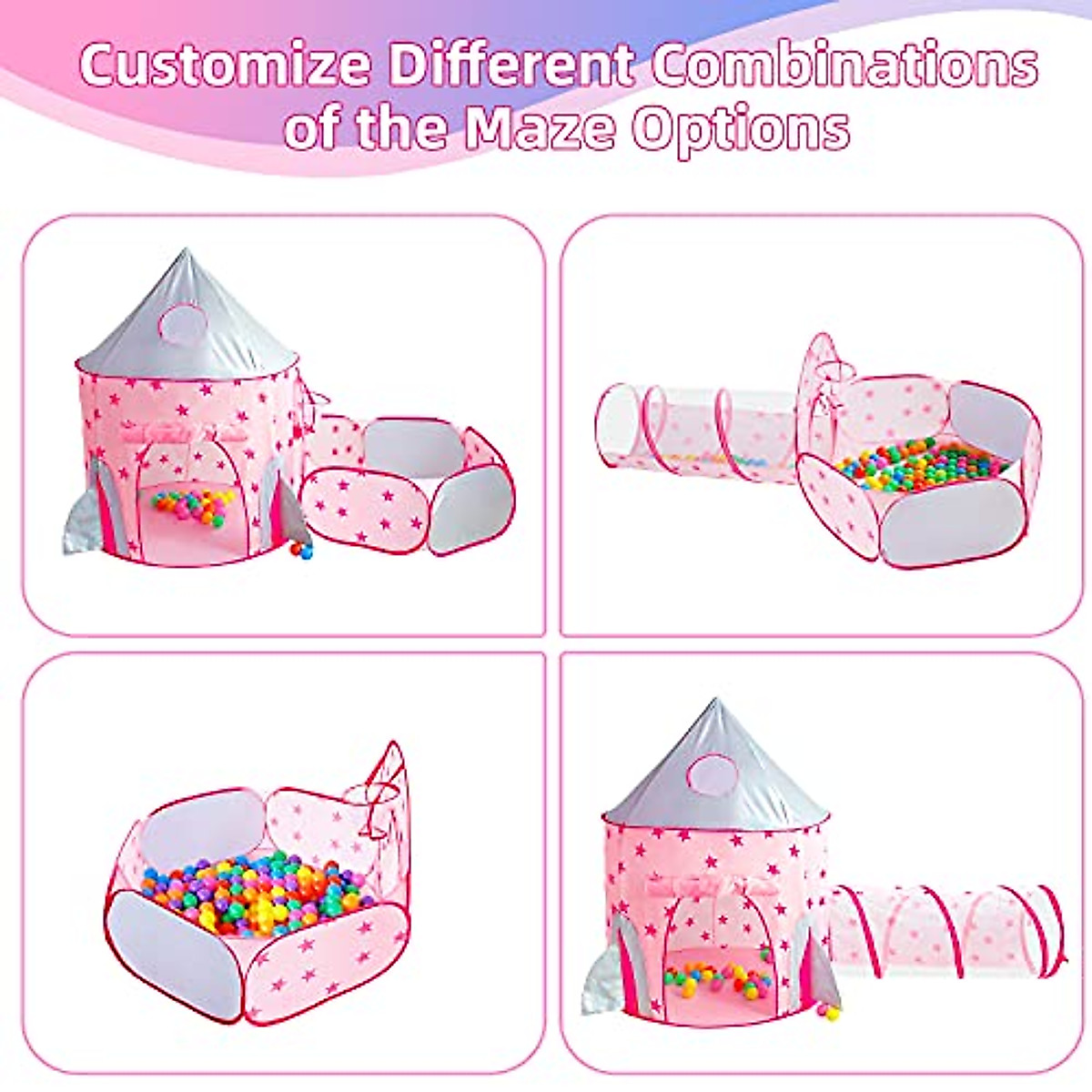 wilwolfer 3PC Princess Tent for Girls with Kids Play Tents, Crawl Tunnel and Baby Ball Pit for Toddlers, Pink Pop Up Playhouse Toys for Boys Indoor& Outdoor Games, Birthday Kid’s Gifts