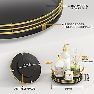 9" Oak Wood Bathroom Tray for Counter, Vanity Tray for Perfume Lotion Candle Makeup Jewelry Sink Soap Holder Turntable Dresser Organizer Countertop Coffee Table Decor Organization and Storage Gold