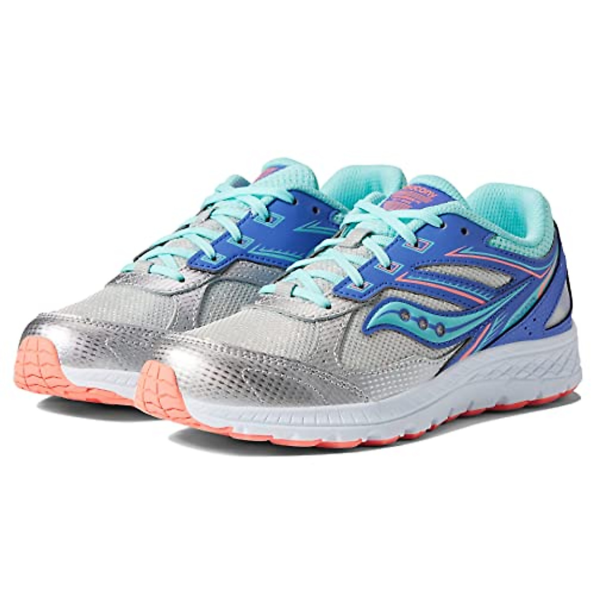 Saucony Cohesion 14 Lace to Toe Running Shoe, Silver/Periwinkle/Turq, 2 US Unisex Big Kid
