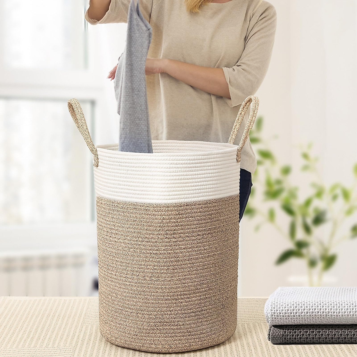 Woven Laundry Basket Laundry Hamper for Bedroom, Dirty Clothes Hamper Tall Basket, Boho Laundry Basket Nursery Hamper, 58l Large Laundry Hamper Dirty Clothes Basket Clothes Hampers for Laundry Blanket