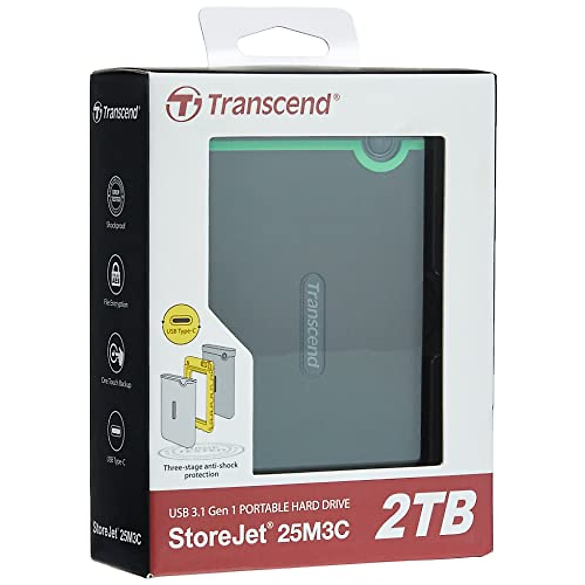 Transcend 2TB StoreJet 25M3C USB Type-C Portable Hard Drive (HDD) Rugged, Anti-shock resistant, Compact and Lightweight with Lightning-fast Speeds and a One Touch Backup Button (Iron Grey) TS2TSJ25M3C