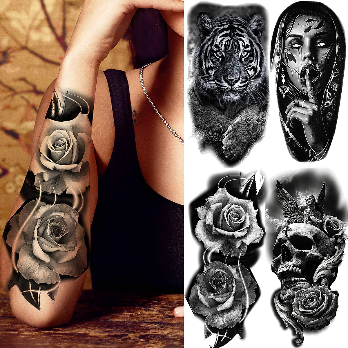 VANTATY 22 Sheets Sexy 3D Temporary Tattoos For Women Men Arm Forearm, Waterproof Fake Tattoo Stickers For Adults Realistic Tiger Lion, Halloween Skeleton Rose Flower Tatoos Warrior Anchor Compass