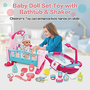 RedCrab 12" Baby Doll Toys Newborn Doll Bath and Bed Play Set - 2-in-1 Shaker and Bathtub with Shower Spray and 25pcs Accessories for Girls Pretend Play,Toy Gift Set for 3+ Year Old Kids