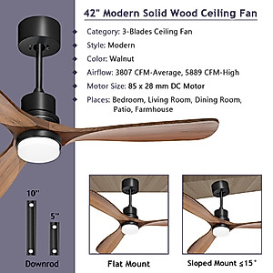 Obabala Ceiling Fans with Lights and Remote Indoor/Outdoor Ceiling Fan with 3 Walnut Wood Blades,42-inch,Matte Black