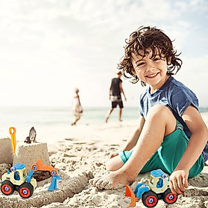 Sand Toys for Kids Toddlers: Take Apart Construction Toys Truck Set Includes Road Roller, Excavator, Bulldozer, Drilling Truck