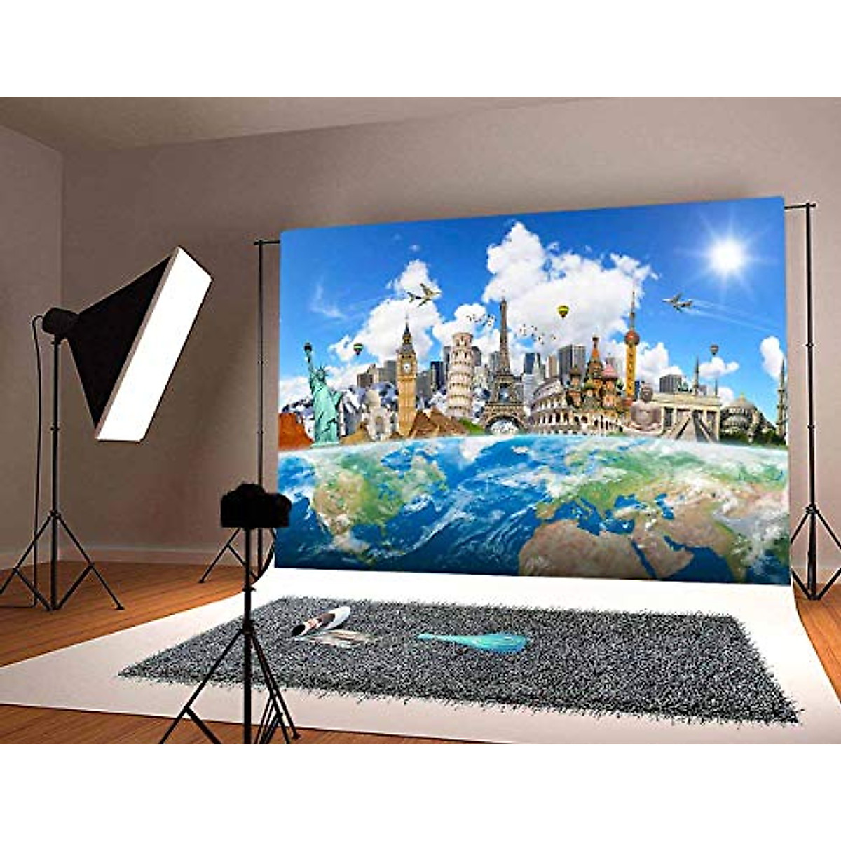World Map Global Travel Backdrop 7x5ft Worldwide Famous Landmark Buildings Photography Background Newyork and Paris Eiffel Tower Backdrop Wallpaper Photo Booth Studio Props CHE005 LELEZ