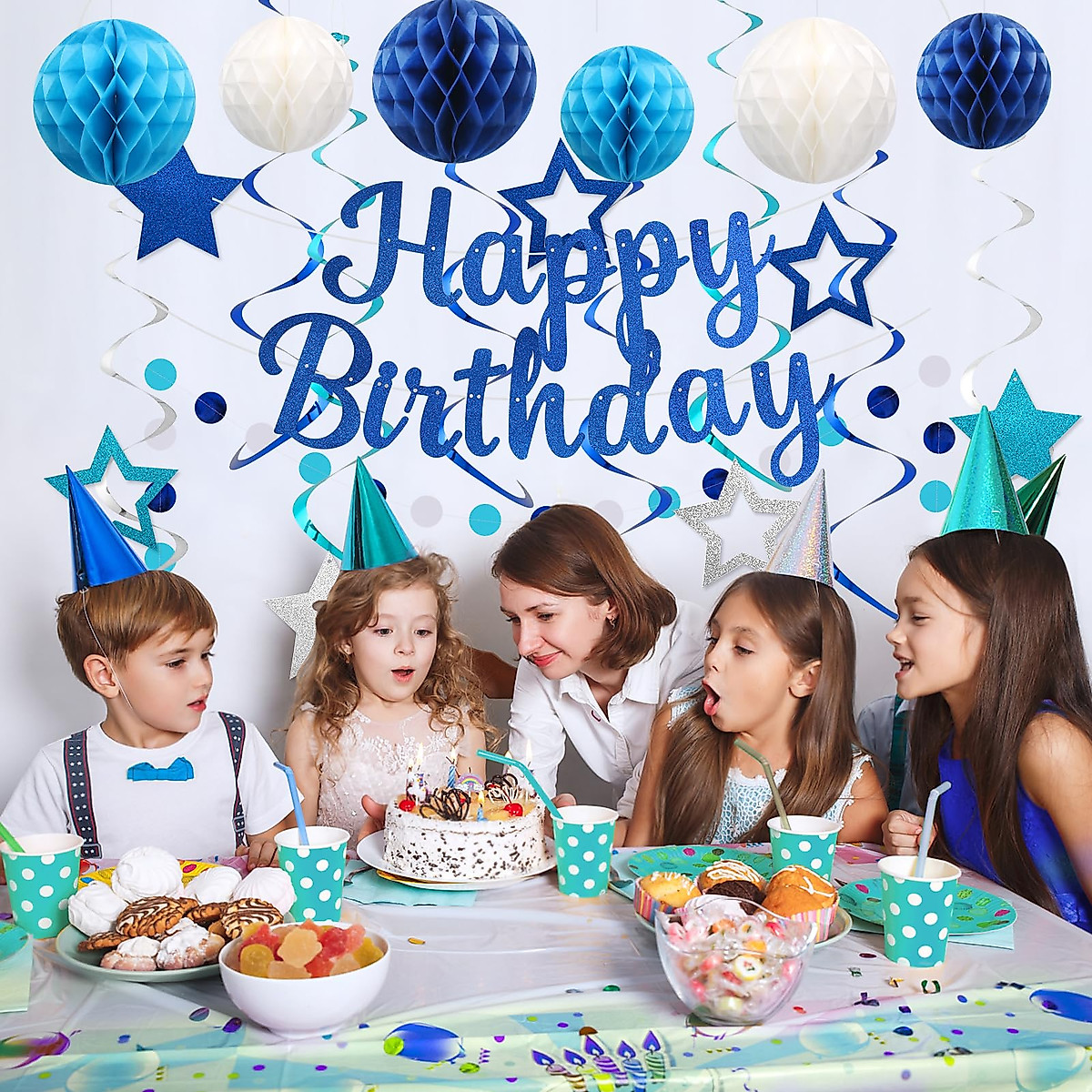 YEOCU Birthday Decorations, NO DIY, Pre-Strung Happy Birthday Banner with Honeycomb Balls, Hanging Swirls, Circle Dots Garland, Happy Birthday Party Decorations for Women Men Boys Girls (Blue)
