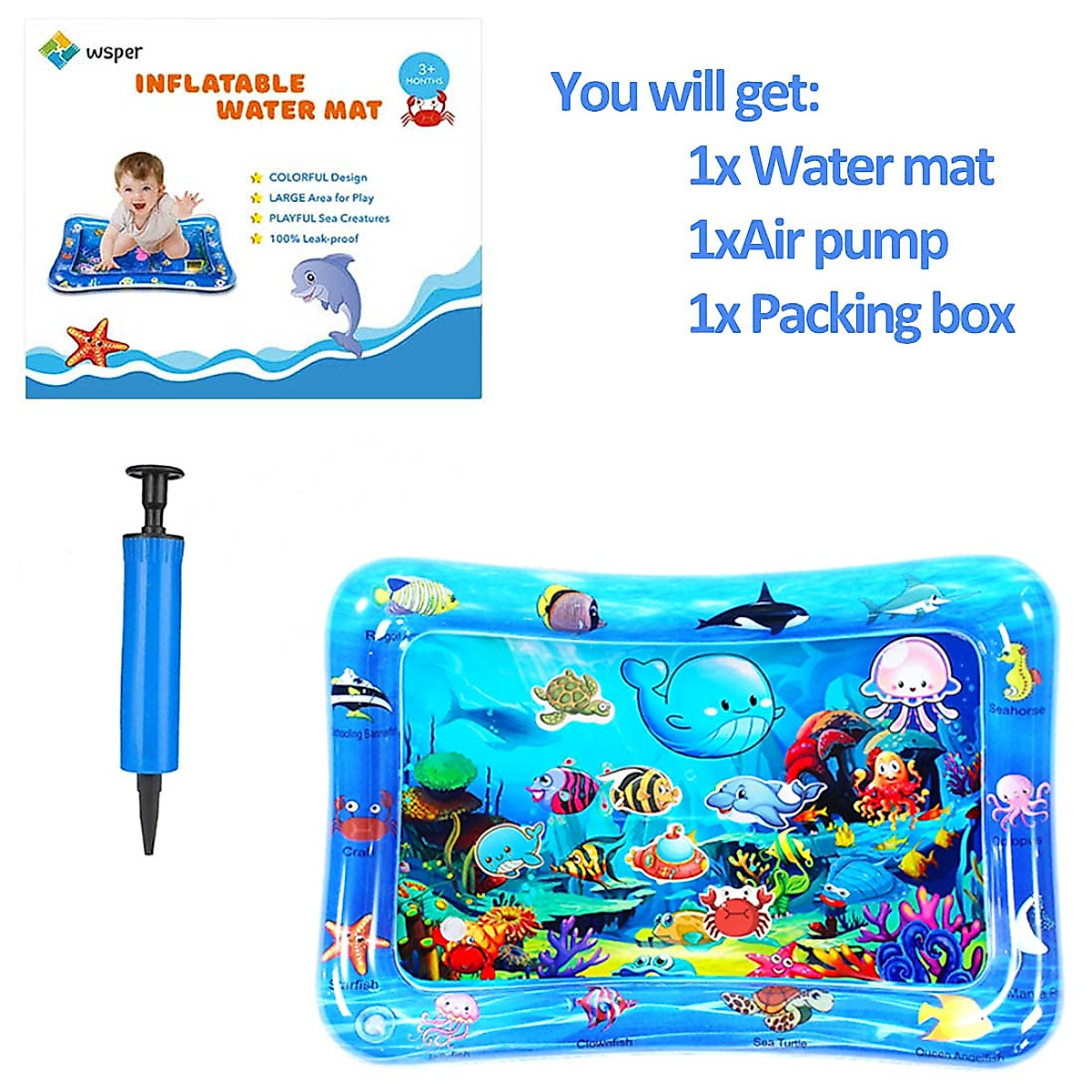 WSPER Tummy Time Water Mat Inflatable Water Play mat for 3 6 9 Months Baby Boy & Girl, Early Activity Center for Newborn Infants