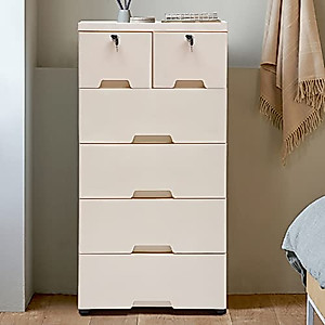 OUKANING Plastic 6 Drawers Storage Cabinet, Modern Beige PP Stackable Vertical Clothes Storage Tower for Storing Clothes, Toys, Books, and Other Items