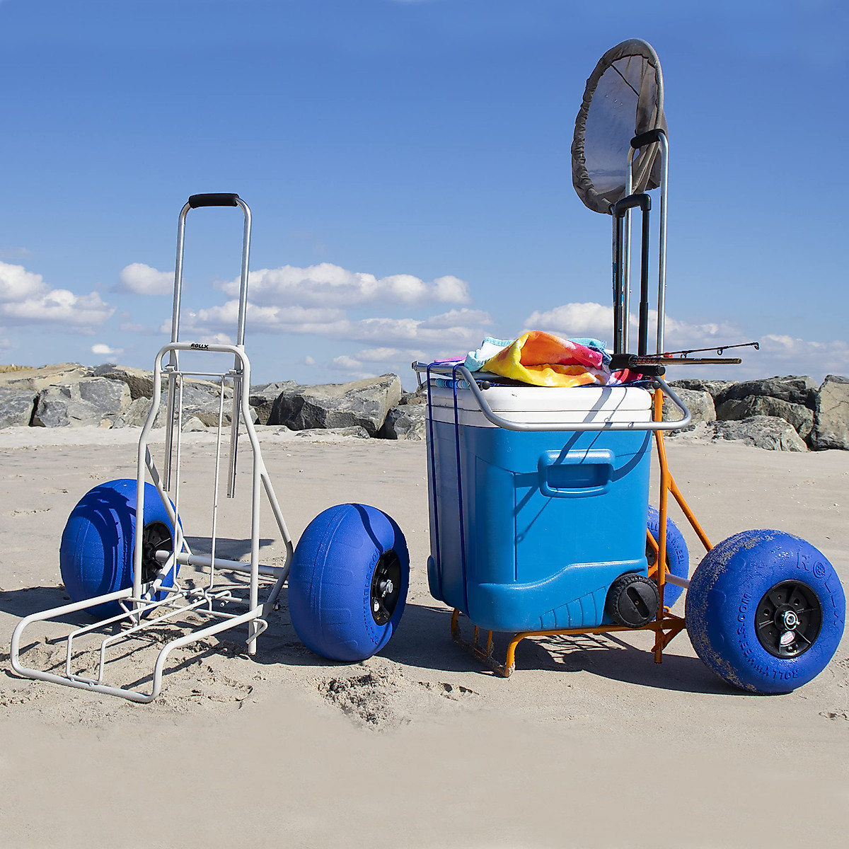 Folding Beach Cart with Balloon Wheels, Rolling Cooler Dolly with Big 13 Inch Large Sand and Beach Tires (White)