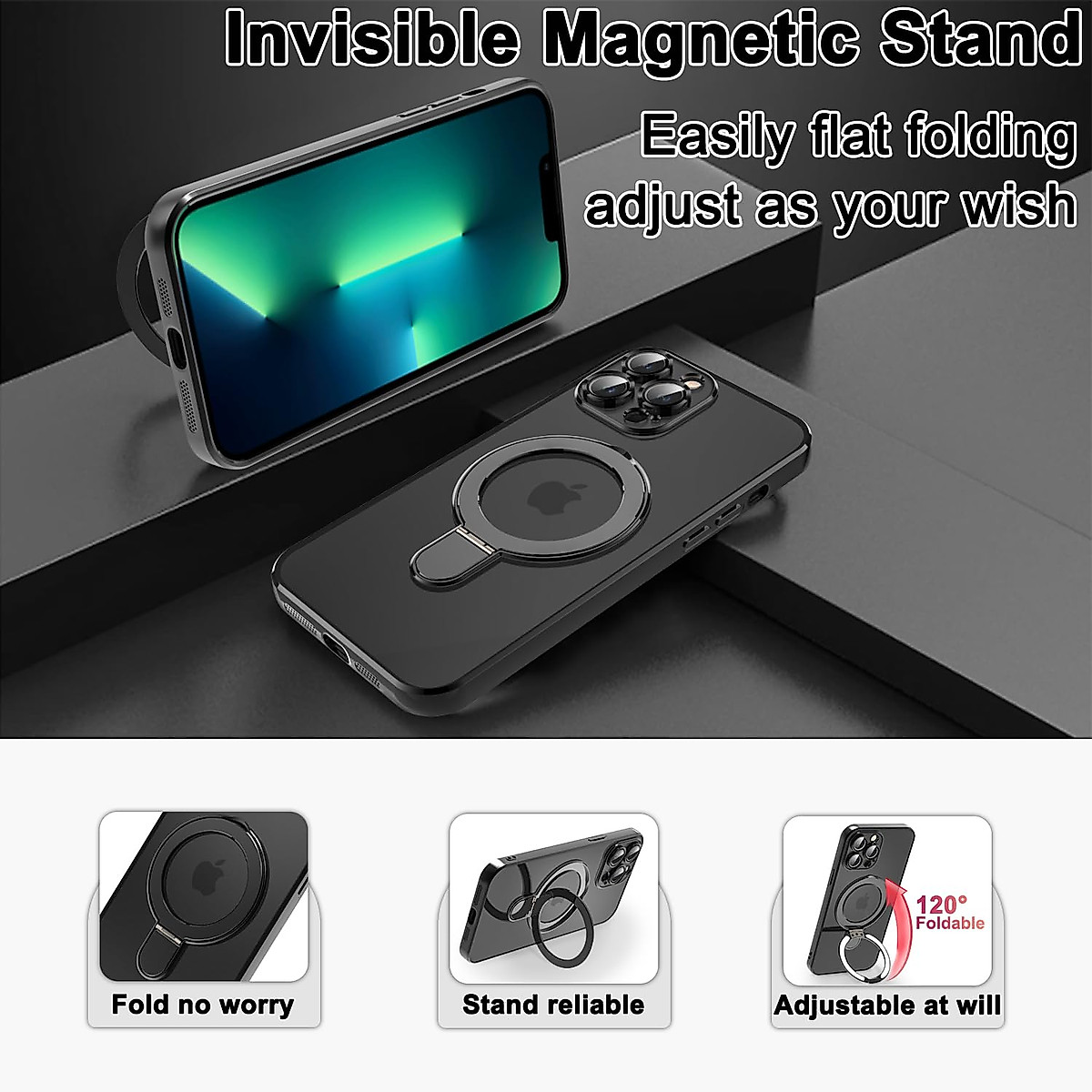 Tnarru Clear iPhone 13 Pro Max Case with Magnetic Stand [Compatible with MagSafe] [Invisible Ring Holder] Soft TPU Full Camera Shockproof Protection Cover for iPhone 13 Pro Max Phone Case Black