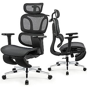 Ergonomic Office Chair with Footrest, Coat Hanger, Breathable All Mesh Home Office Desk Chair, Big and Tall Computer Chair with Metal Legs, Dynamic Lumbar Support, 4D Armrest, 3D Headrest, Black