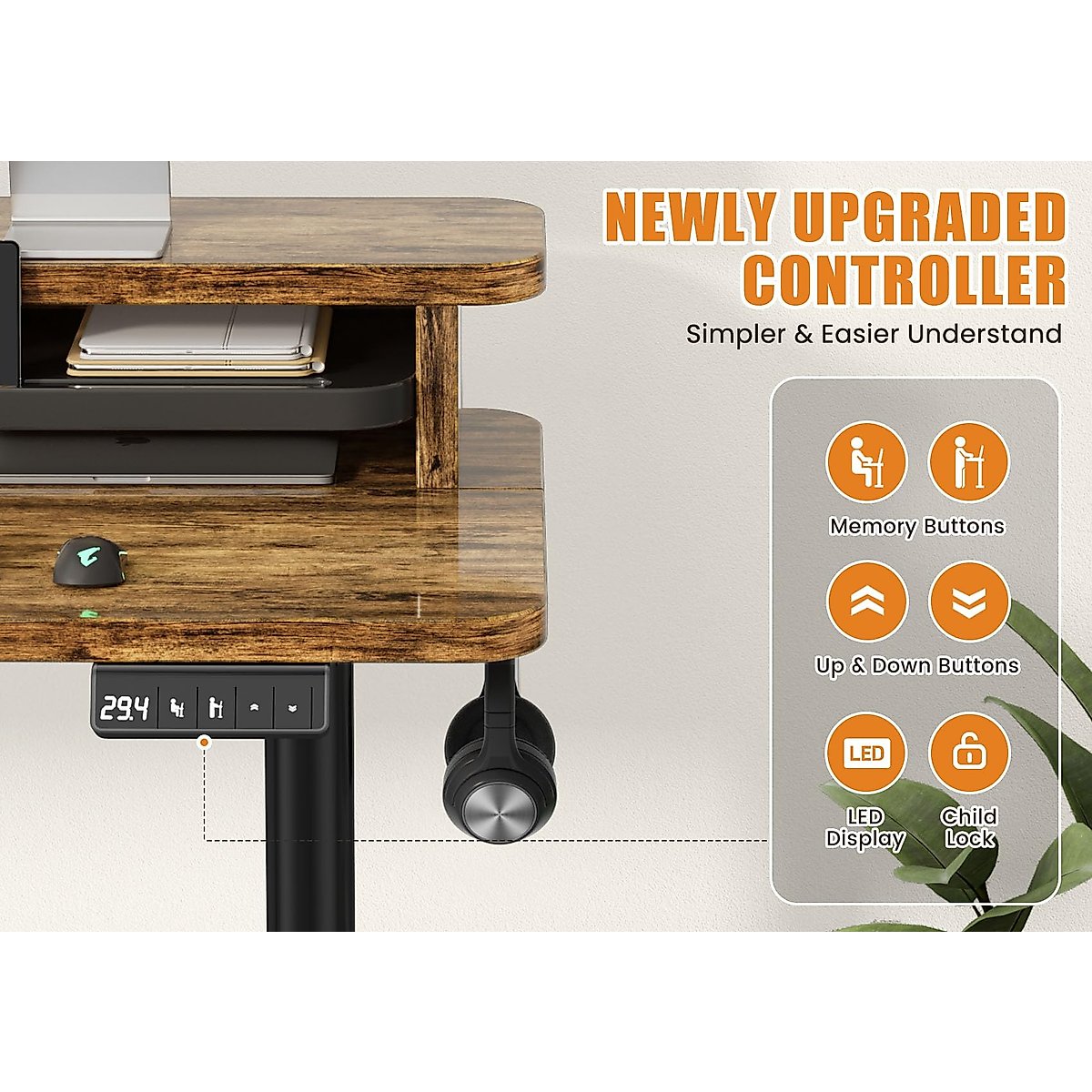 Flycity Electric Standing Desk with Dual Monitor Stand, Height Adjustable Desk Sit Stand Desk with Memory Controller, Casters & 2 Hooks, Low Noise Home Office Desk (Rustic Brown, 48" x 24")