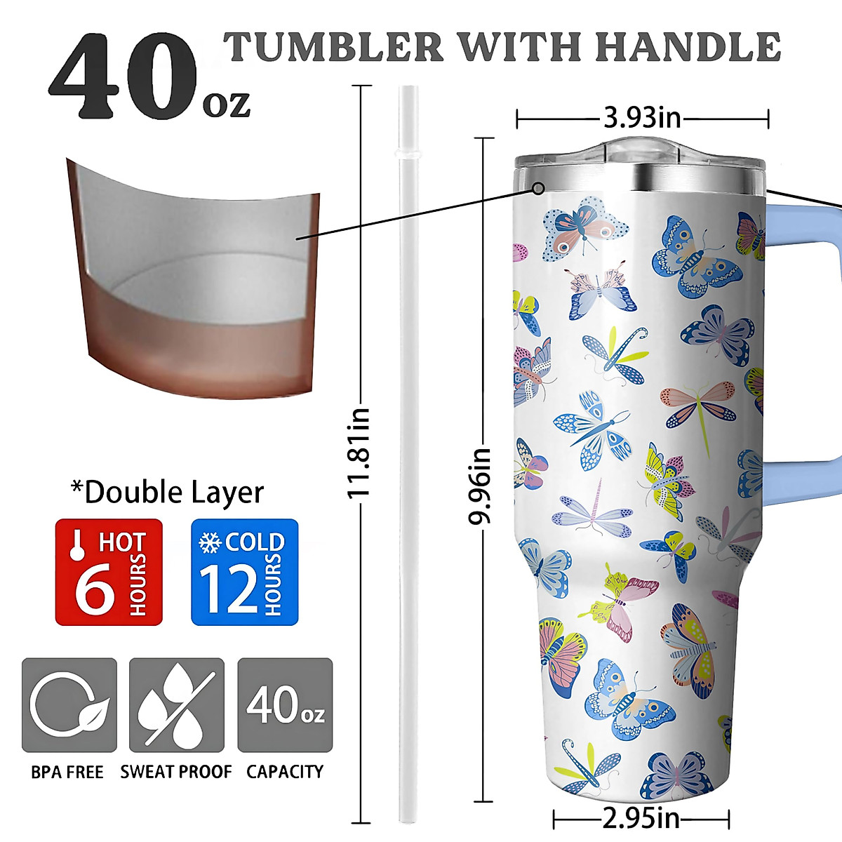 Ksoemar 40 Oz Butterfly Tumbler with Handle and Straw, Double Wall Stainless Steel Cup, Butterfly Tumbler with Lid and Straw, 40 Oz Water Bottle and Mugs for Women Gifts