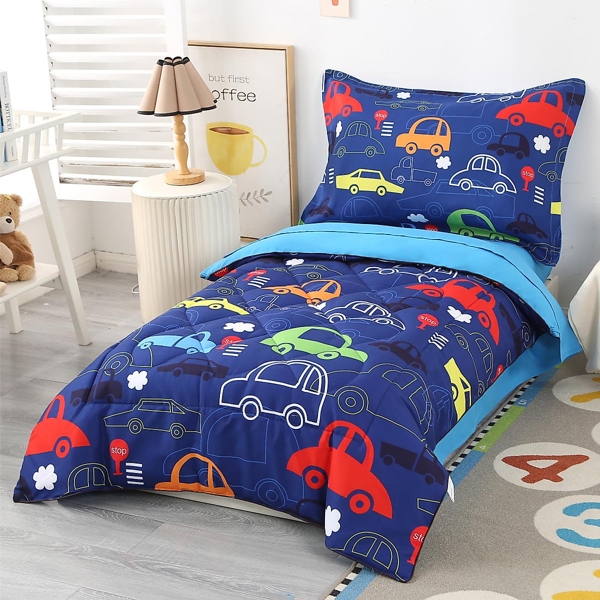 Wowelife Toddler Bedding Sets for Boys, 4 Piece Blue Car Toddler Bed Set with Comforter, Flat Sheet, Fitted Sheet and Pillowcase