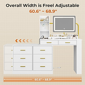 Hasuit Large Vanity Desk with Mirror and Lights,68.9'' Long Makeup Dressing Vanity Table with Charging Station, 8 Drawers, Vanity Mirror 3 Lighting Modes Adjustable, White