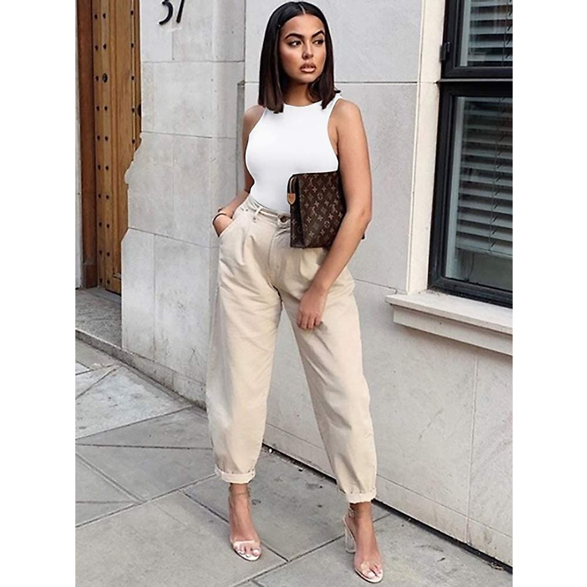 REORIA Womens Sexy Sleeveless High Neck Racer Back Halter Thong Bodysuits Leotard Tank Tops White Large