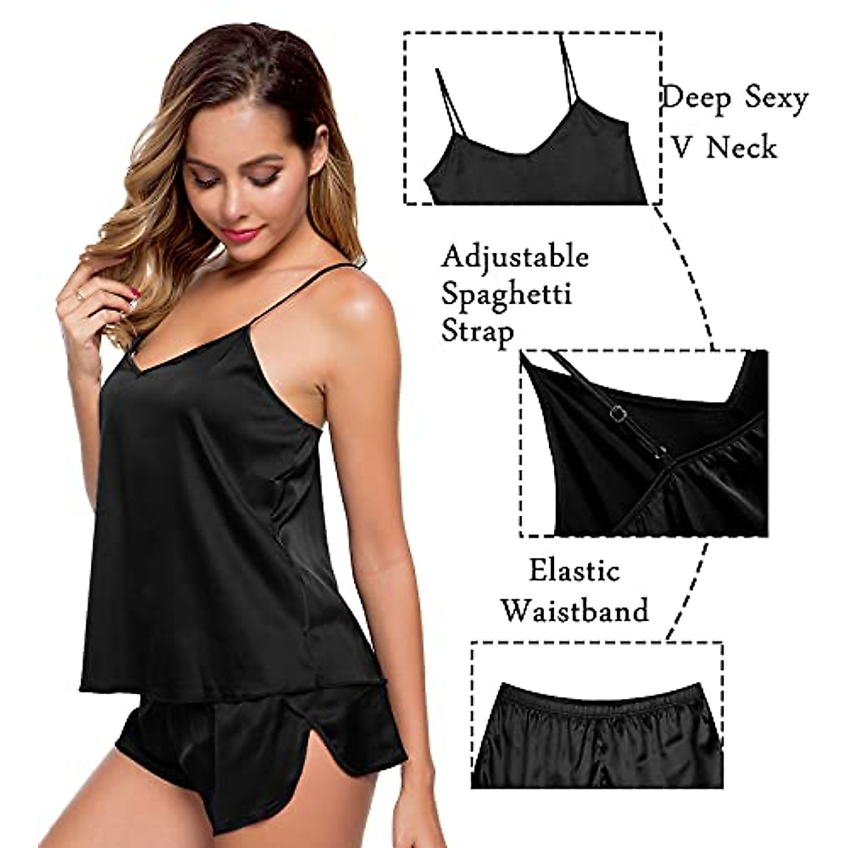 SWOMOG Womens 4pcs Pajamas Sets Sexy Cami with Button Down Short Sleeve Shirt Pjs Silk Satin Sleepwear Loungewear A-black