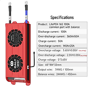 DALY BMS 16S 48V 100A LiFePO4 PCB Protection Board with Balance Leads Wires 3.2V Battery Protection Module BMS for 18650 Battery Pack 48V with Cooling Fan