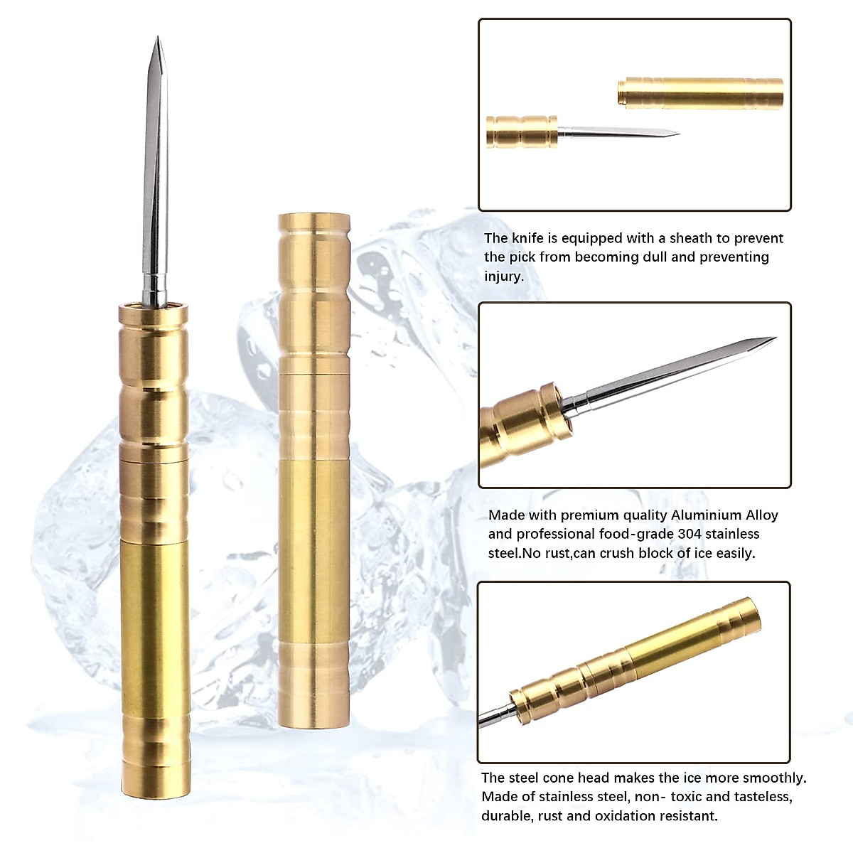 Ice Pick with Safety Cover, Puer Puerh Tea Pick Needle Professional Ice Pick Tea Cake Pick Tool Solid Copper Handle for Picnics, Camping, Outdoor Activities, Bar, kitchen, And Restaurant (Gold Copper)