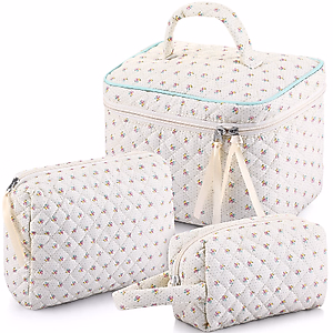 Paterr 3 Pieces Cotton Quilted Makeup Bag Set Coquette Cosmetic Bag Aesthetic Travel Toiletry pouch Cute Pouch Kawaii Aesthetic for Women(White,Little Flower)