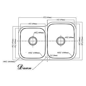 Dawn ASU108L Undermount Double Bowl Sink, Polished Satin