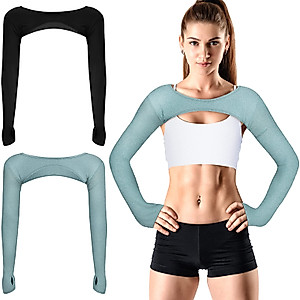 Janmercy 2 Pieces Women's Long Sleeve Crop Tops Cutout Workout Bolero Shrug Ballet Yoga Sports Shrug Casual Cropped Tops(Black and Blue, L)