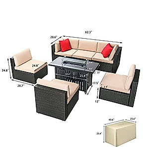 Devoko 7 Pieces Outdoor Patio Furniture Set Sectional Sofa Set with Propane Fire Pit Table and Cushions for Backyard, Bistro and Poolside (Beige)