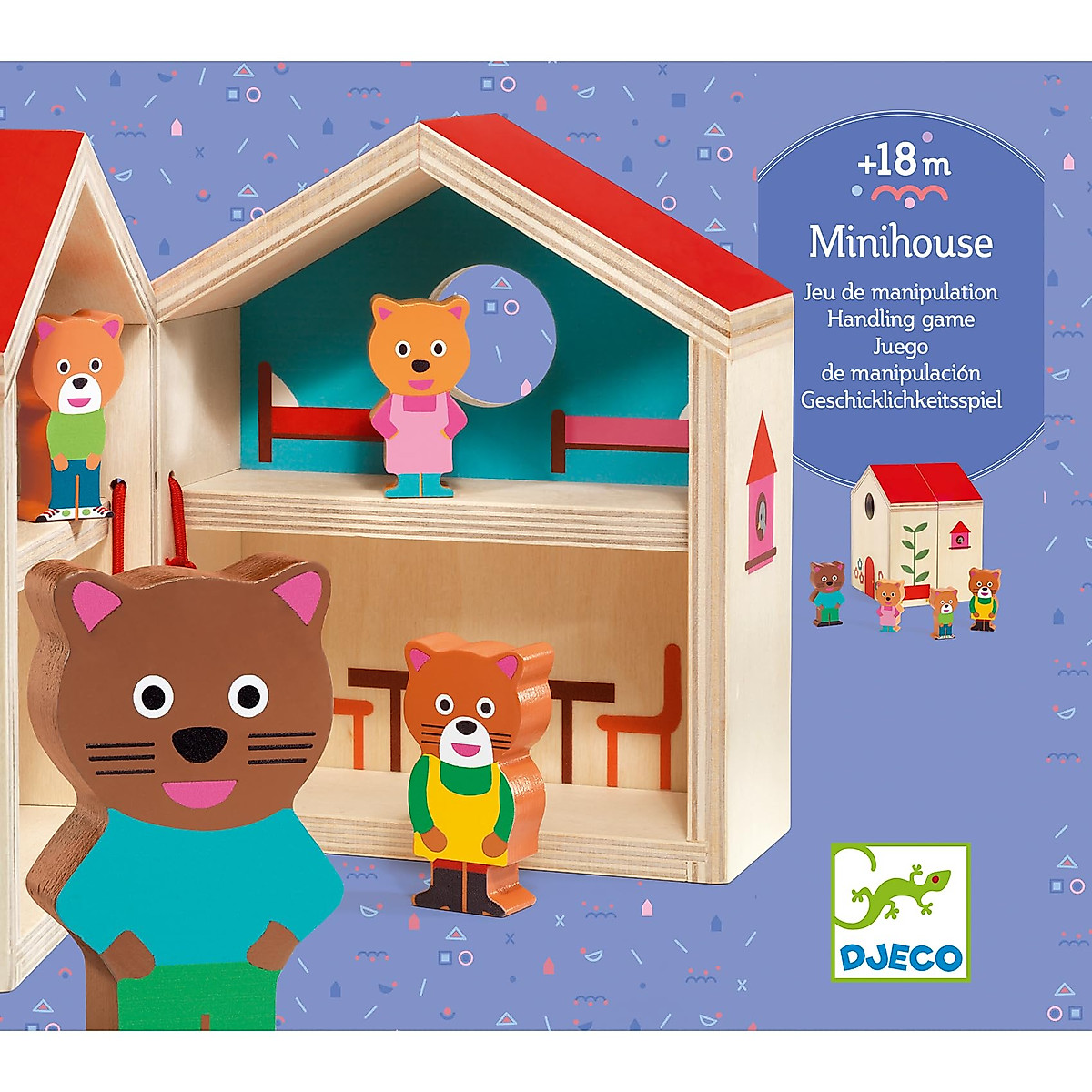 DJECO Minihouse Wooden Toy - Educational Playhouse with Family of Cats - Interactive Toddler and Baby Toys for Boys & Girls, 18+ Months