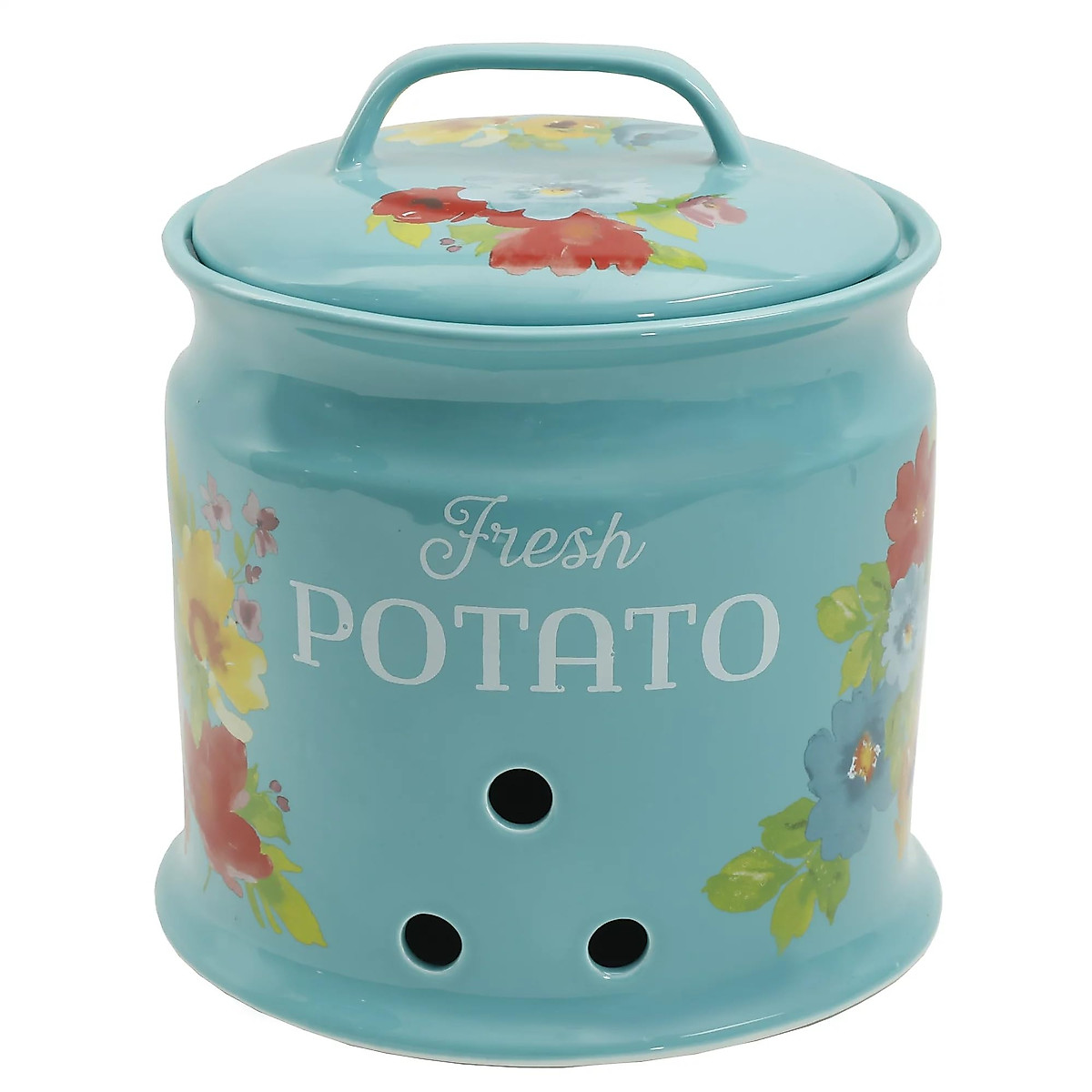 9.5 inch Potato Storage For Pantry, Garlic Keeper For Kitchen Counter, Onion Keeper, Potato Bin, Potatoes Storage, Stoneware Food Storage Canisters with Holes and Lid