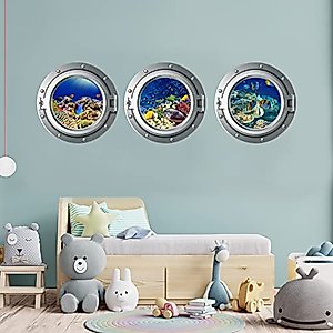 Erllsino 3Pcs Ocean World Wall Stickers 3D Porthole Under The Sea Wall Sticker Sea Life Wall Decals Removable Fish Coral Reef Wall Stickers Ocean Animal Wall Decal Mural for Room Nursery