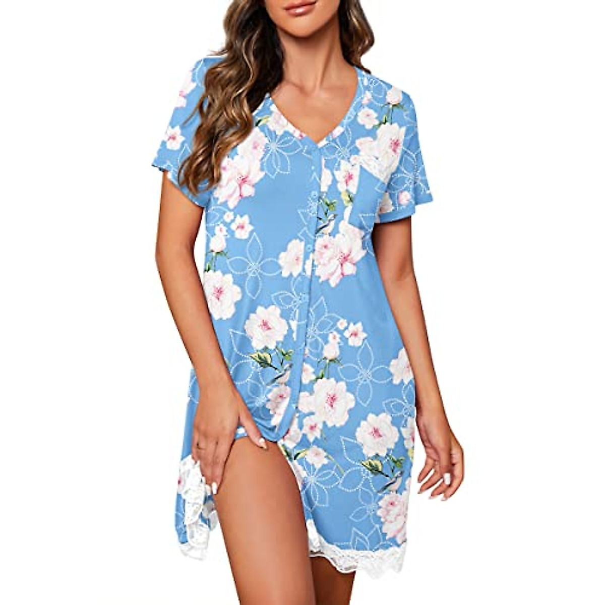 PrinStory Night Gowns Women Button Down Nightgowns Soft Sleepwear