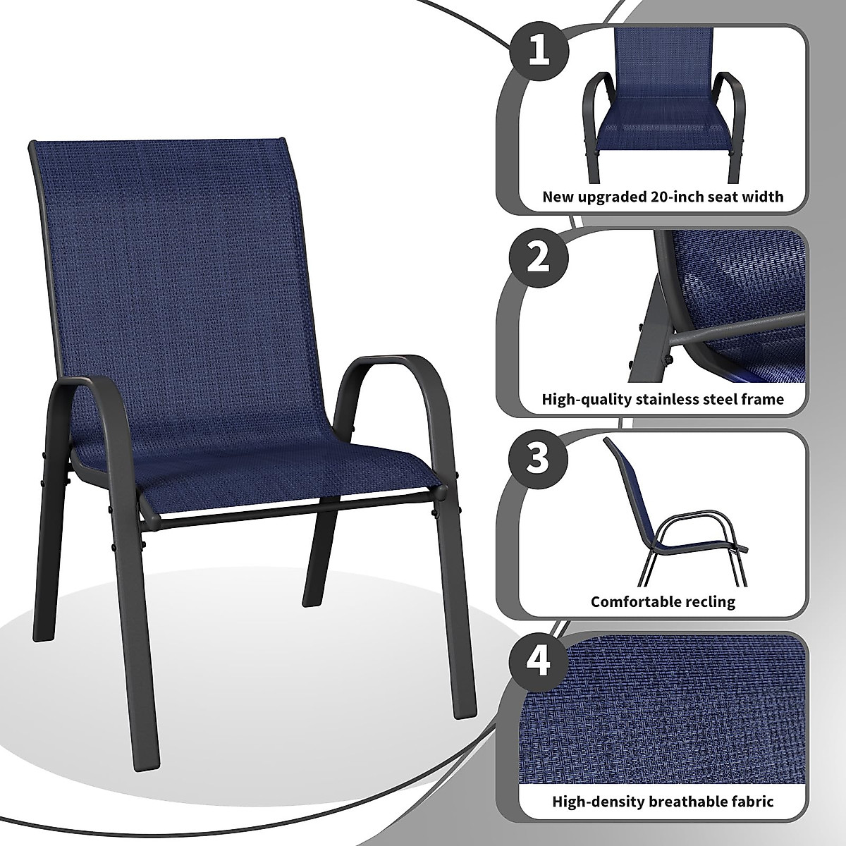 VONZOY Patio Dining Chairs Set of 6, Outdoor High Stacking Chairs，Breathable Seat Fabric and Alloy Steel Frame for Backyard, Porch, Garden, Sunroom (Blue)