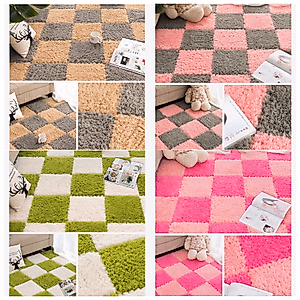 16Pcs Interlocking Foam Carpet,Shaggy Soft Foam Play Mat,Fluffy Area Rugs,Square Plush Puzzle Floor Tiles,Crawling Mats for Living Room Bedroom,12X12inch,Green