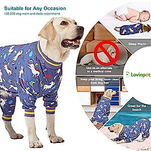 LovinPet Large Breed Dog Onesie Clothes, Slim Fit/Stretchy Knit, Unicorn Rocket Grey Print, Pet Anxiety Relief,Wound Care/Post Surgery Large Dog Shirt,UV Protection,Large Breed Dog Jammies PJ's/Large