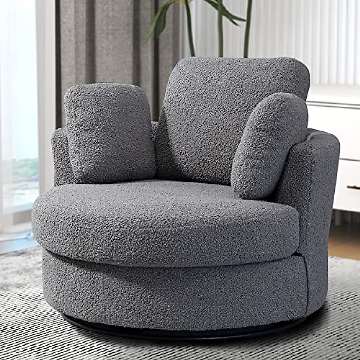 Dvasovio 42.2" W Swivel Accent Barrel Chair with 3 Pillows 360 Degree Swivel Lounge Club Round Chair, Oversized Arm Chair Cozy Club Chair for Bedroom Living Room Hotel, Ivory Boucle(Dark Gray)