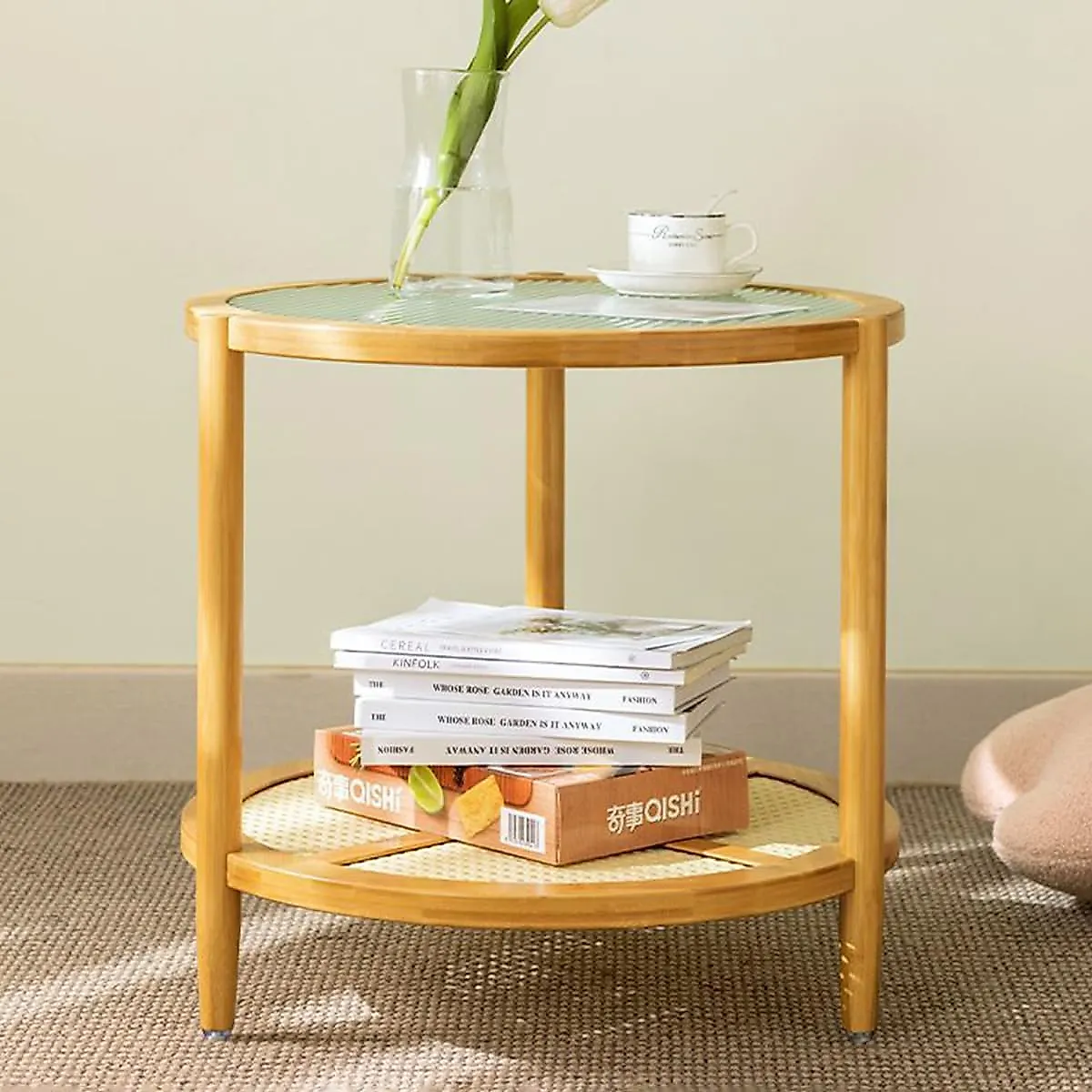 Gdrasuya10 Modern Bamboo Side Table End Table, 2 Tier Round Side Table with Rattan Shelf Glass Tabletop Accent Table Night Stand Bohemia Style for Living Room Balcony (22 inch)