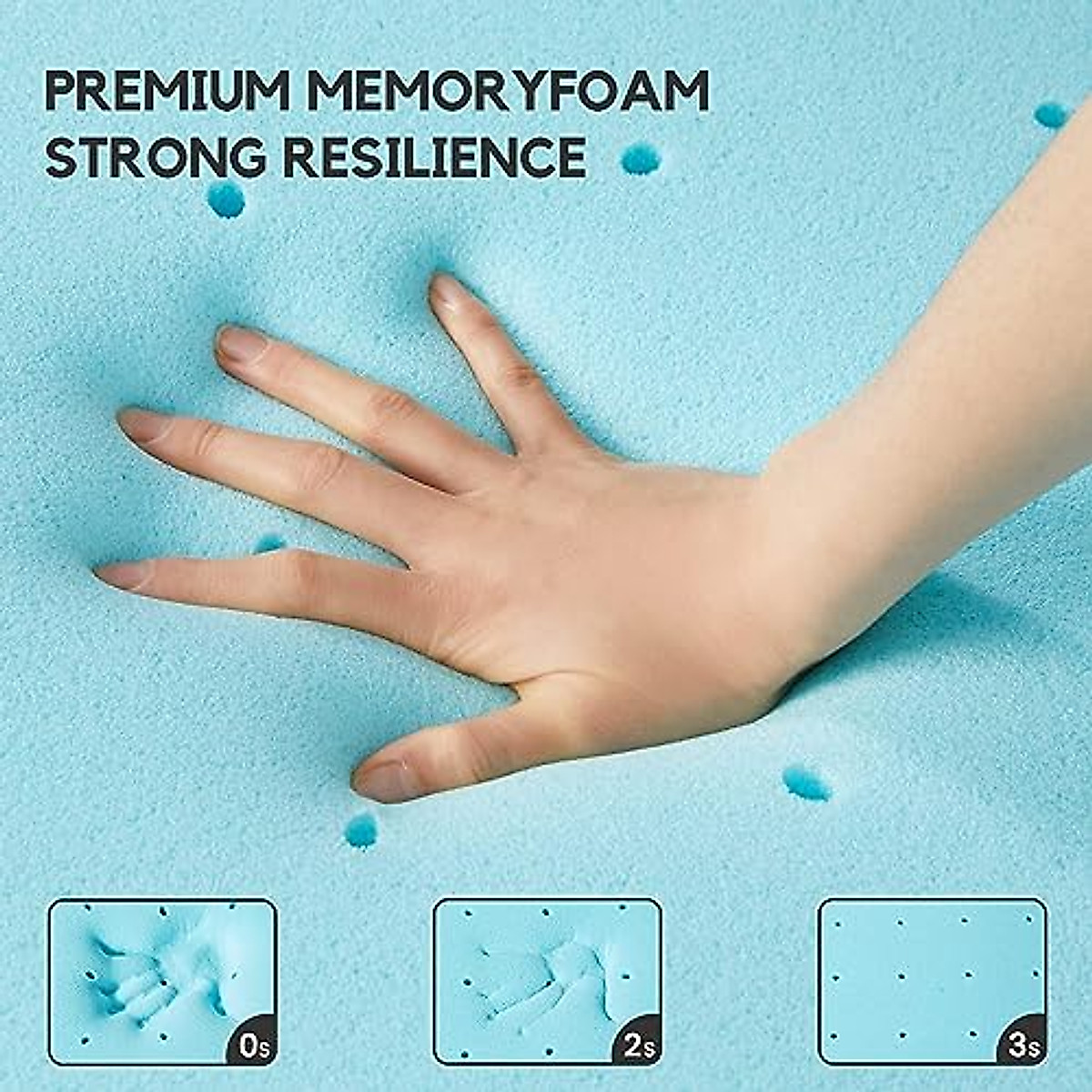 Marsail 3 Inch Memory Foam Mattress Topper, Cooling Gel Ventilated Design, Bed Topper with CertiPUR-US Certified, Queen, Blue