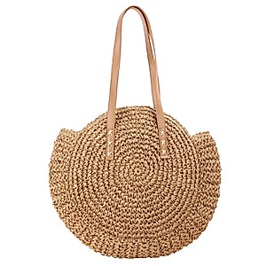 Block Garden Handmade Straw Shoulder Bag for Women Beach Bag Tote Handbag, 01 camel