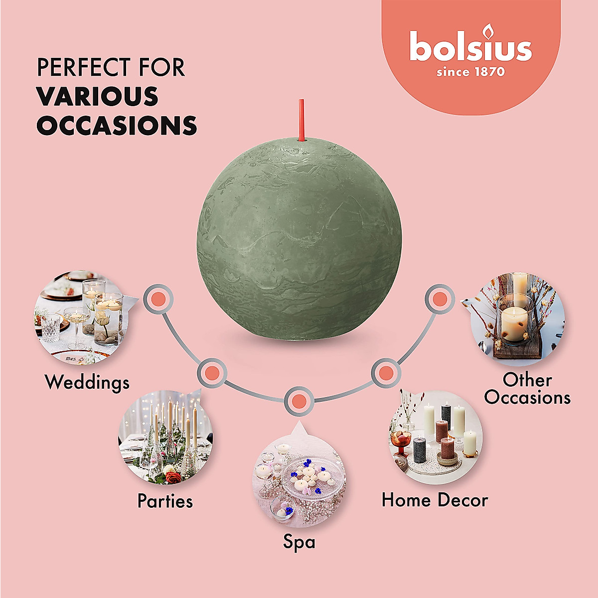 BOLSIUS 3 Pack Fresh Olive Rustic Ball Pillar Candles - 3 Inch - Premium European Quality - Includes Natural Plant-Based Wax - Unscented Dripless Smokeless 25 Hour Party Décor and Wedding Candles