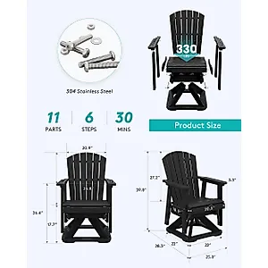 SERWALL Adirondack Swivel Glider Chair, HDPE Swivel Glider Set of 2 for Outdoor, All-Weather Glider Chair for Porch, Balcony, Midnight Black