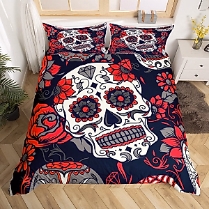 Gothic Skull Comforter Cover Set Queen Size, Death Skull Duvet Cover for Boys Girls Adults Sugar Skull Bedding Set Skeleton Decor Bedspread Cover Red Rose Floral Bedding,1 Duvet Cover 2 Pillow Shams
